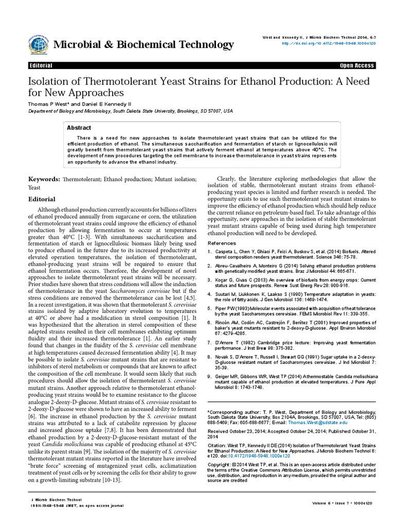 Isolation of Thermotolerant Yeast Strains For Ethanol Production A Need For New Approaches 1948 ...