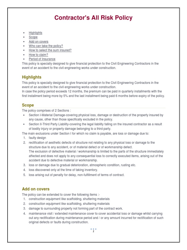 Contractor's All Risk Policy: Highlights | PDF | Insurance | Cost