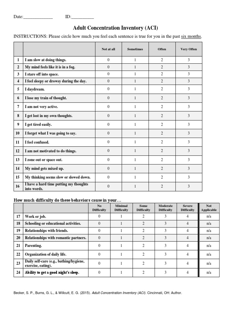 Adult Concentration Inventory Questionnaire | PDF | Cognition ...