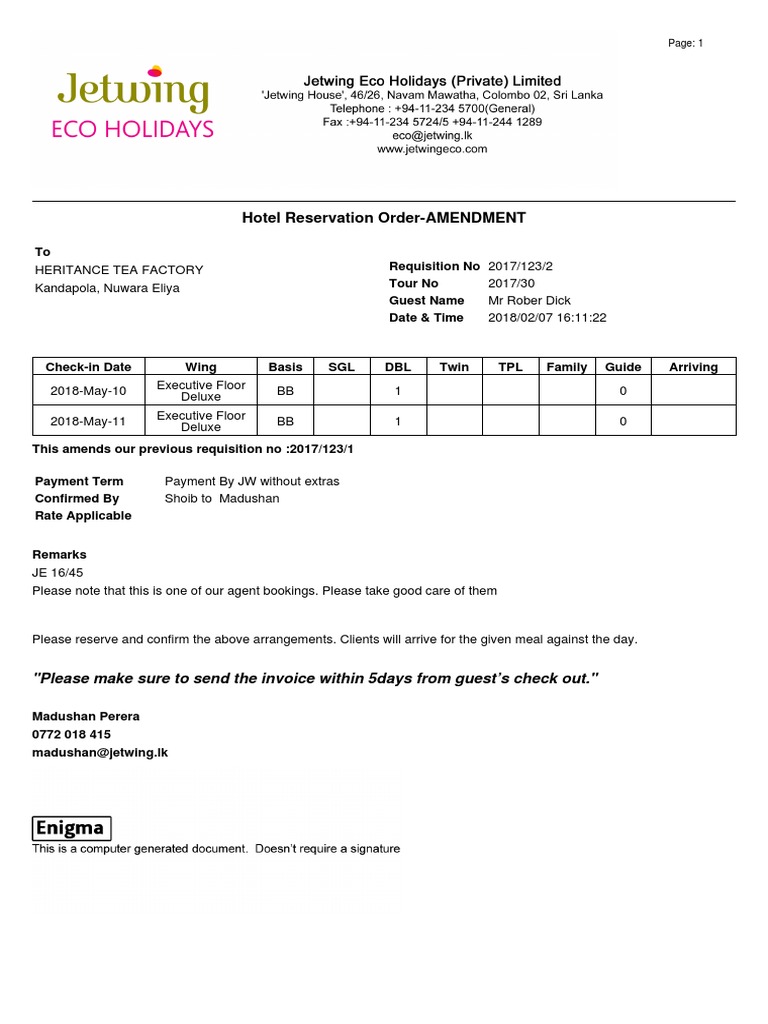 Hotel Reservation Order-AMENDMENT: "Please Make Sure To Send The ...