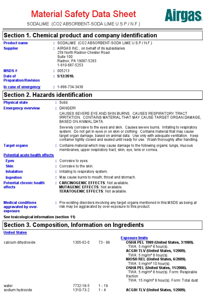 Msds Sodalime PDF | PDF | Dangerous Goods | Personal Protective Equipment