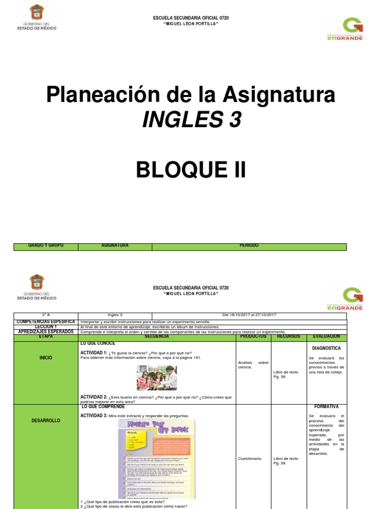 Planeación de la Asignatura: Ingles 3 | Libros | Ciencia | Prueba ...