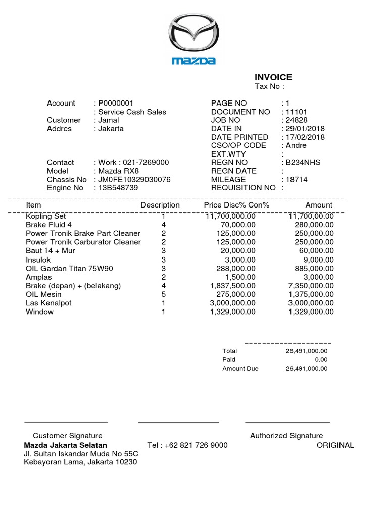 Mazda RX8 Service Invoice Details | PDF