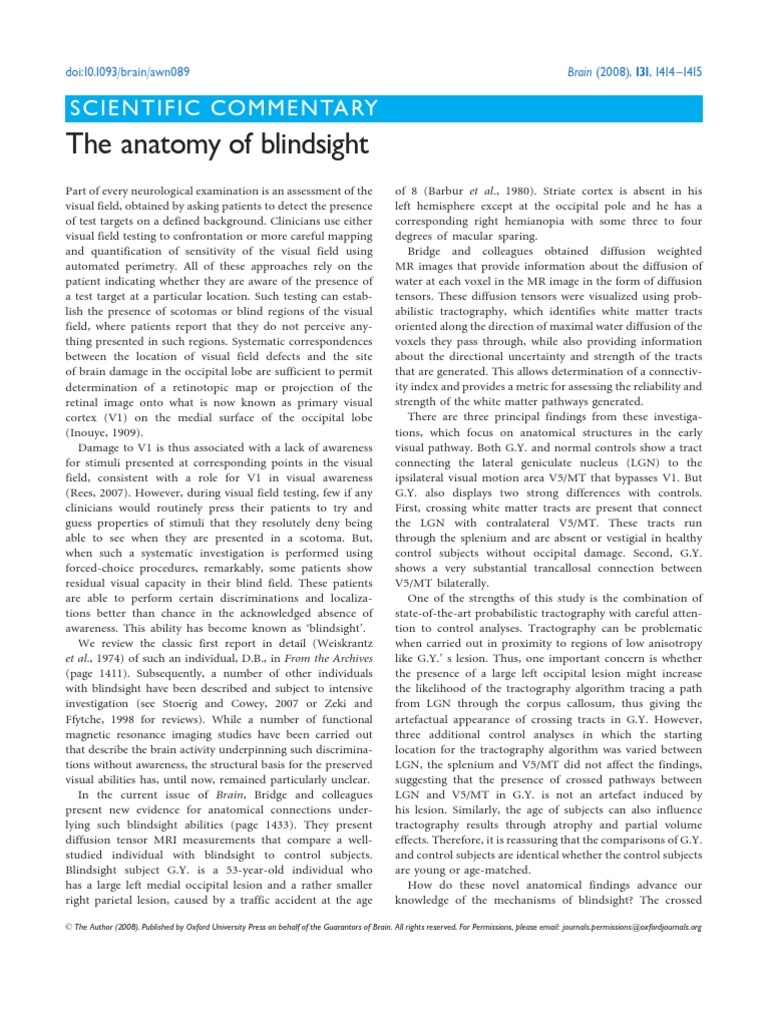 The Anatomy of Blindsight. | PDF | Visual System | Visual Cortex