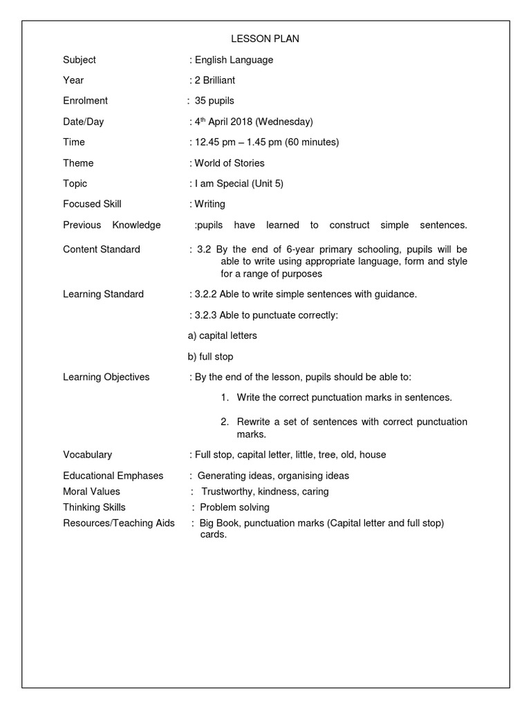 Lesson Plan - Writing Year 2 English | PDF | Lesson Plan | Teachers