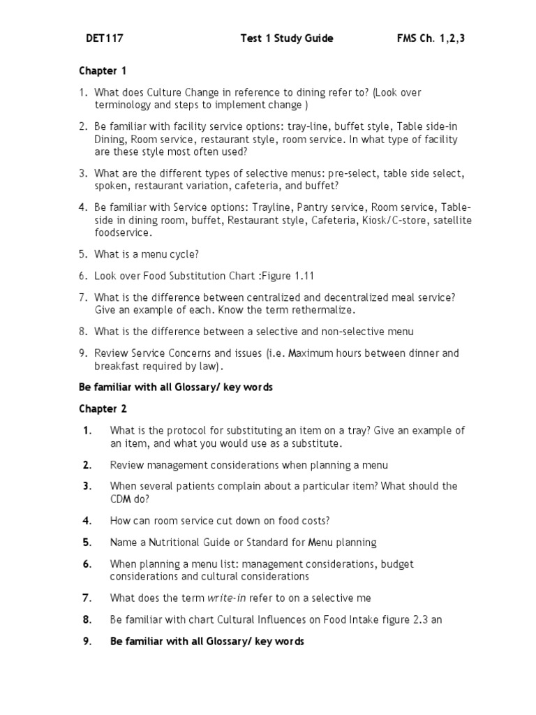 Study Guide Test 1 Foodservice Management by Design | PDF | Menu ...