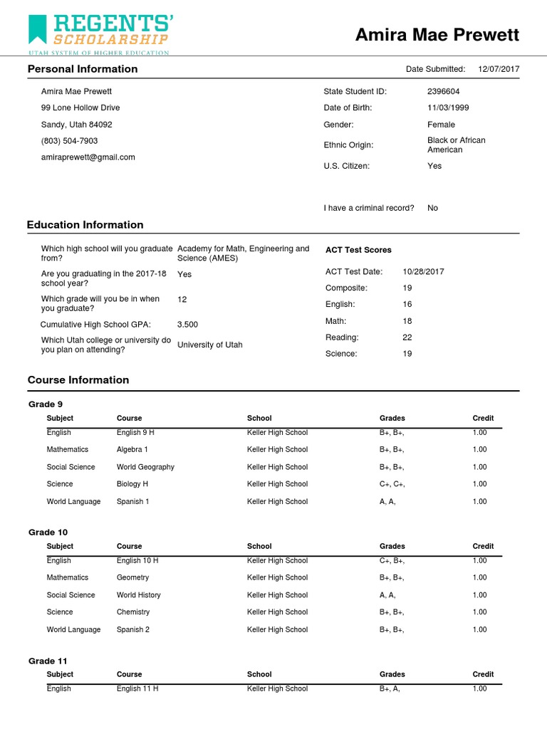 Amira Mae Prewett Regents 2018 2 | PDF | Grading (Education) | Regents ...