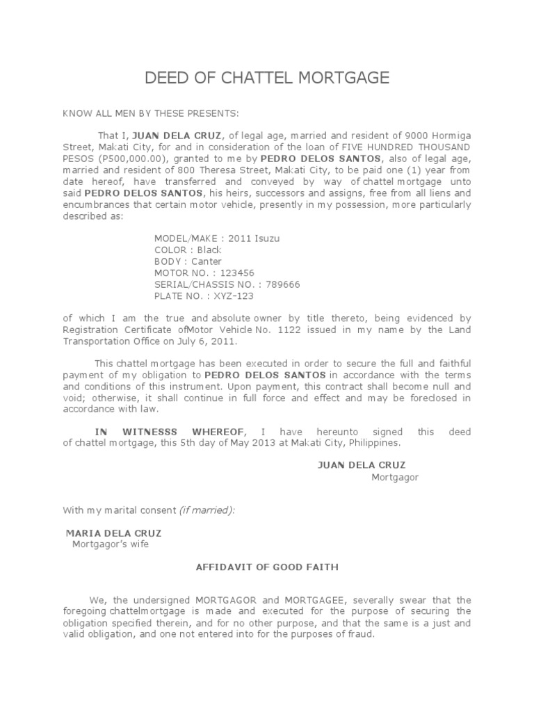 Deed of Chattel Mortgage at Promissory Note | PDF | Mortgage Law | Debt