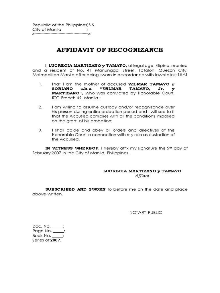 Affidavit of Recognizance: Affiant | PDF