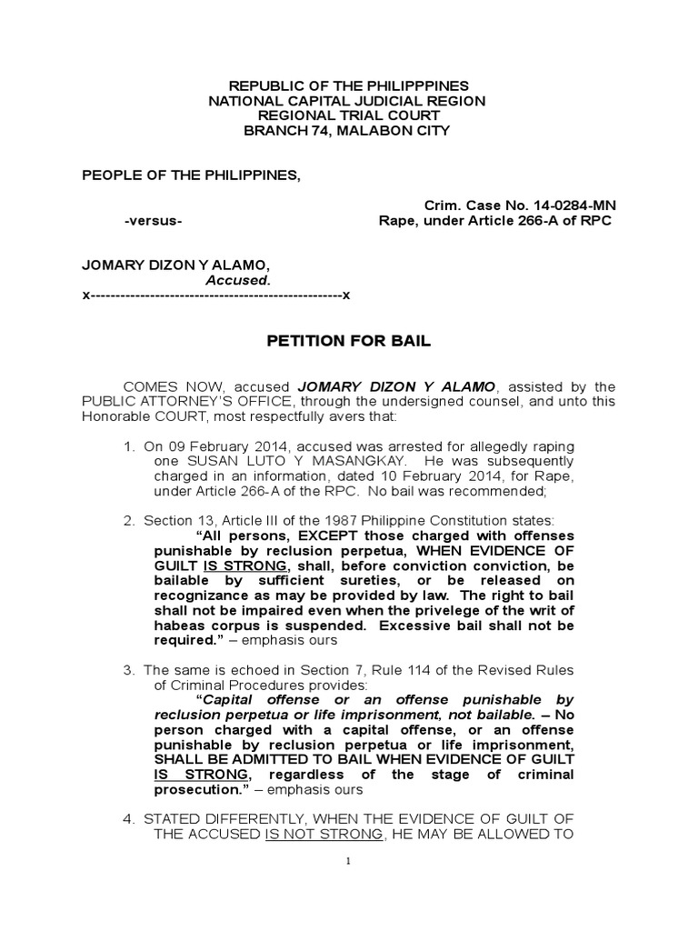 Petition for Bail in Rape Case | PDF | Bail | Criminal Procedure In ...