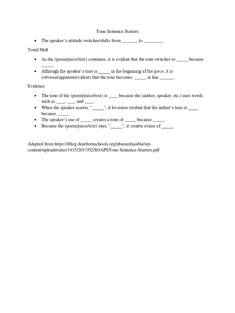 Tone Sentence Starters | PDF | Language Arts & Discipline