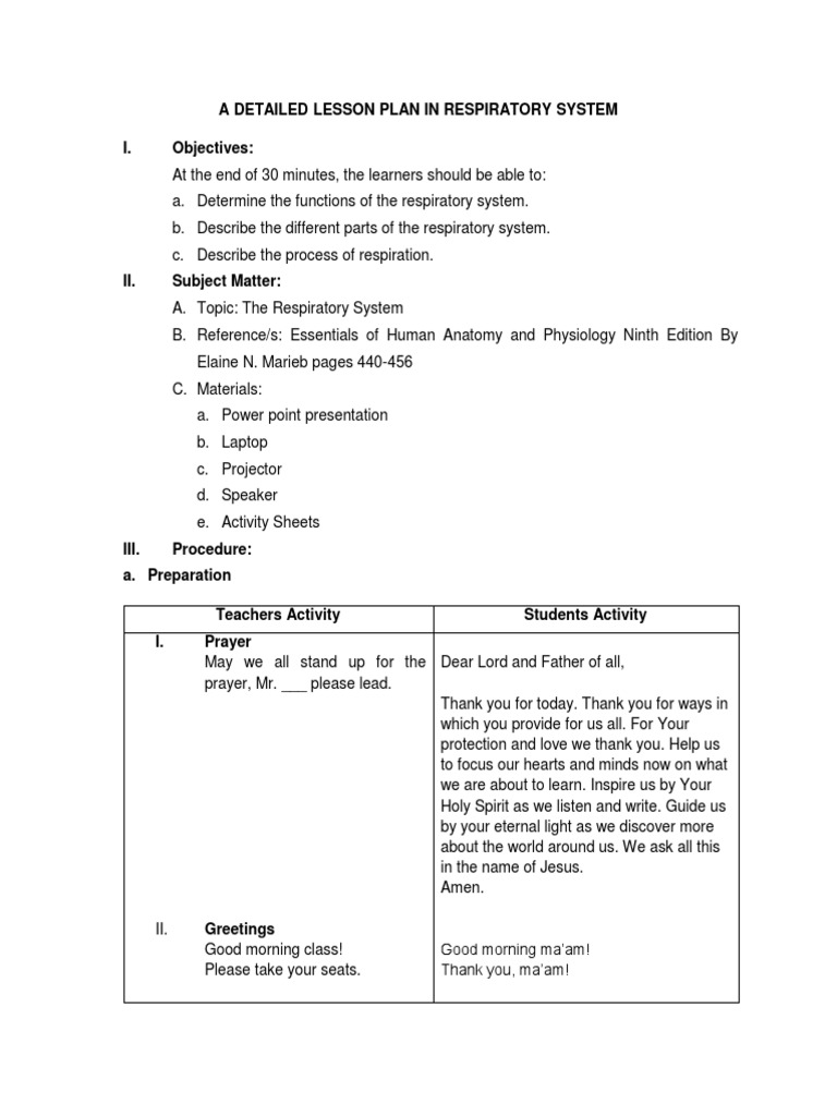 A Detailed Lesson Plan in Respiratory System | Blood | Lesson Plan