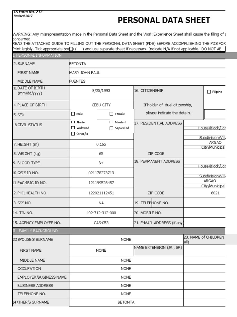 032117 CS Form No. 212 Revised Personal Data Sheet_new | Crimes | Crime & Justice