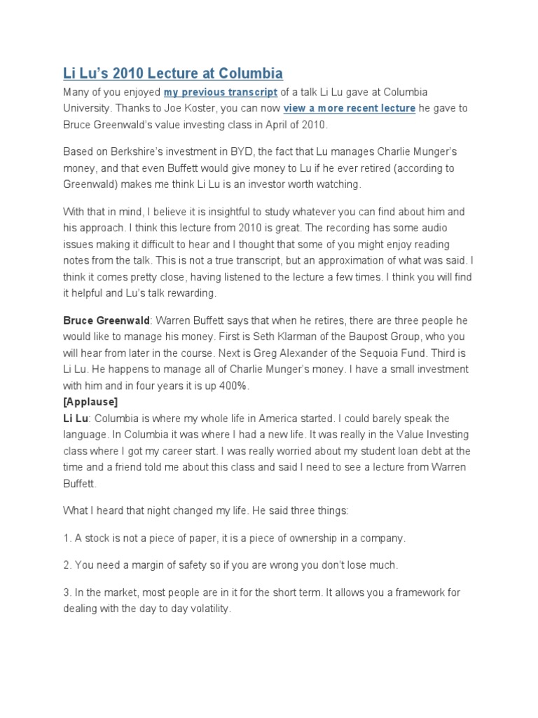 Li Lu's 2010 Lecture at Columbia: My Previous Transcript View A More ...