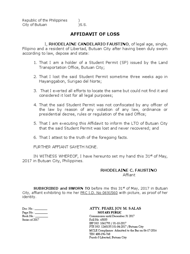 Affidavit of Loss- Student Permit