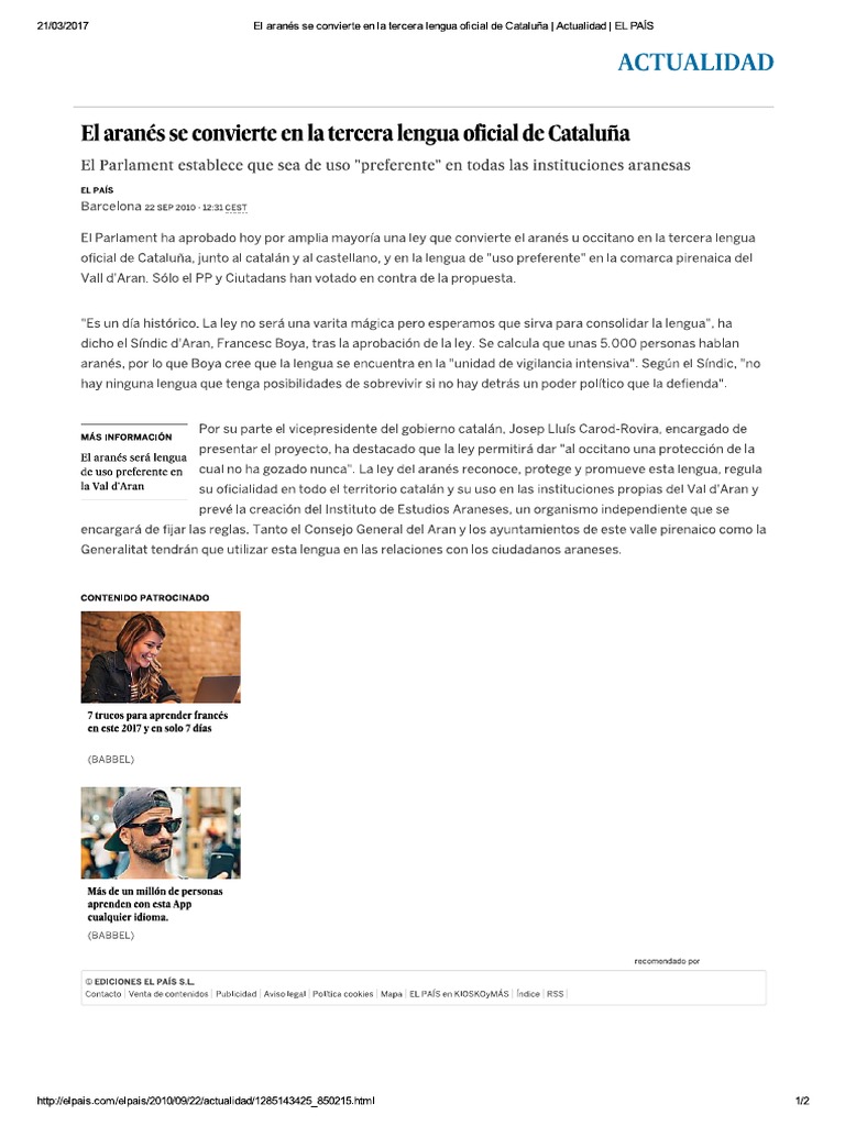 Aranés Lengua Oficial en Cataluña | PDF