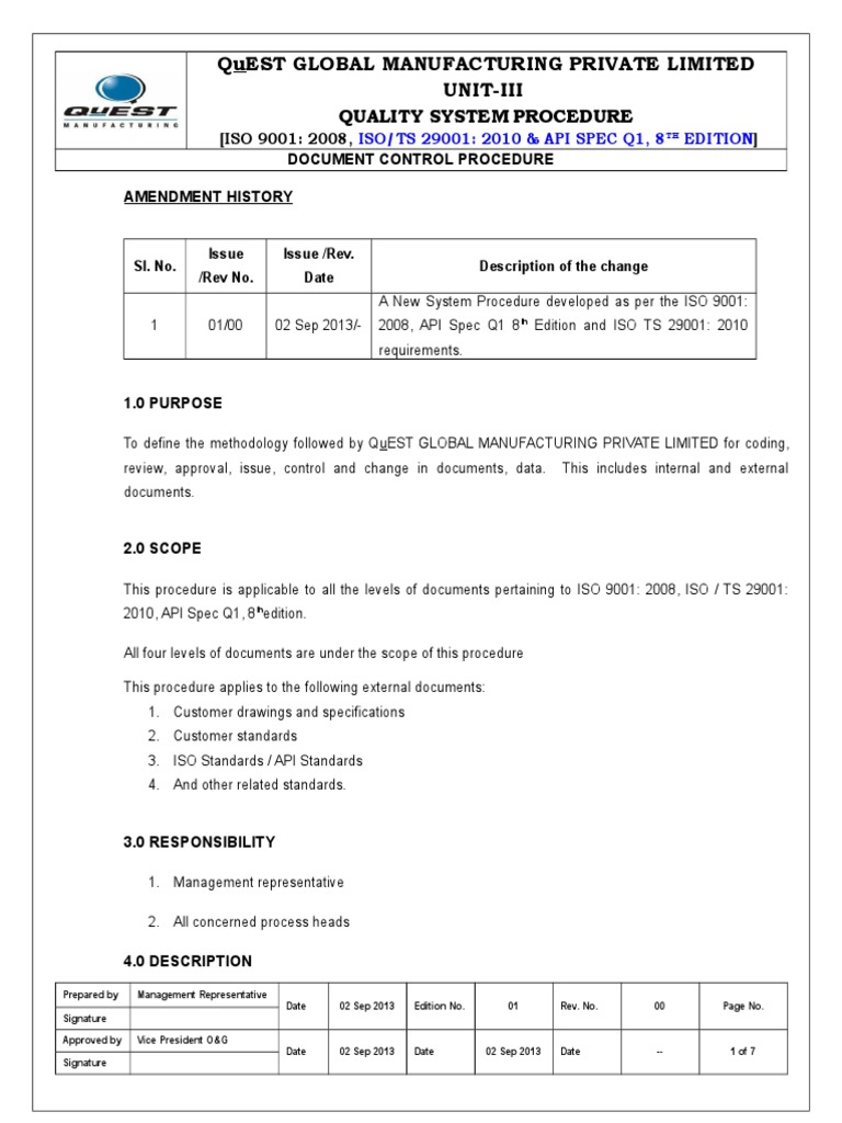QSP 01 - Document Control Procedure | PDF | Specification (Technical Standard) | Quality ...