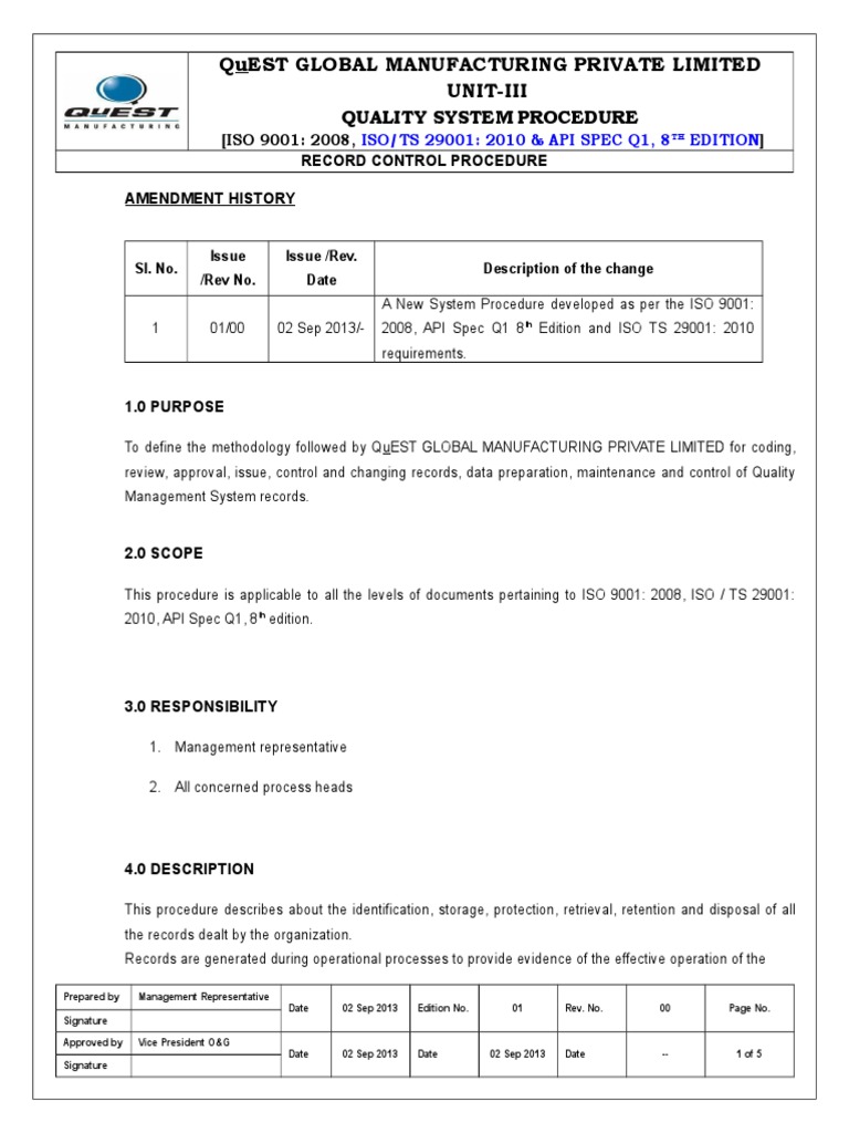 QSP 02 - Record Control Procedure | PDF | Iso 9000 | Quality Management System