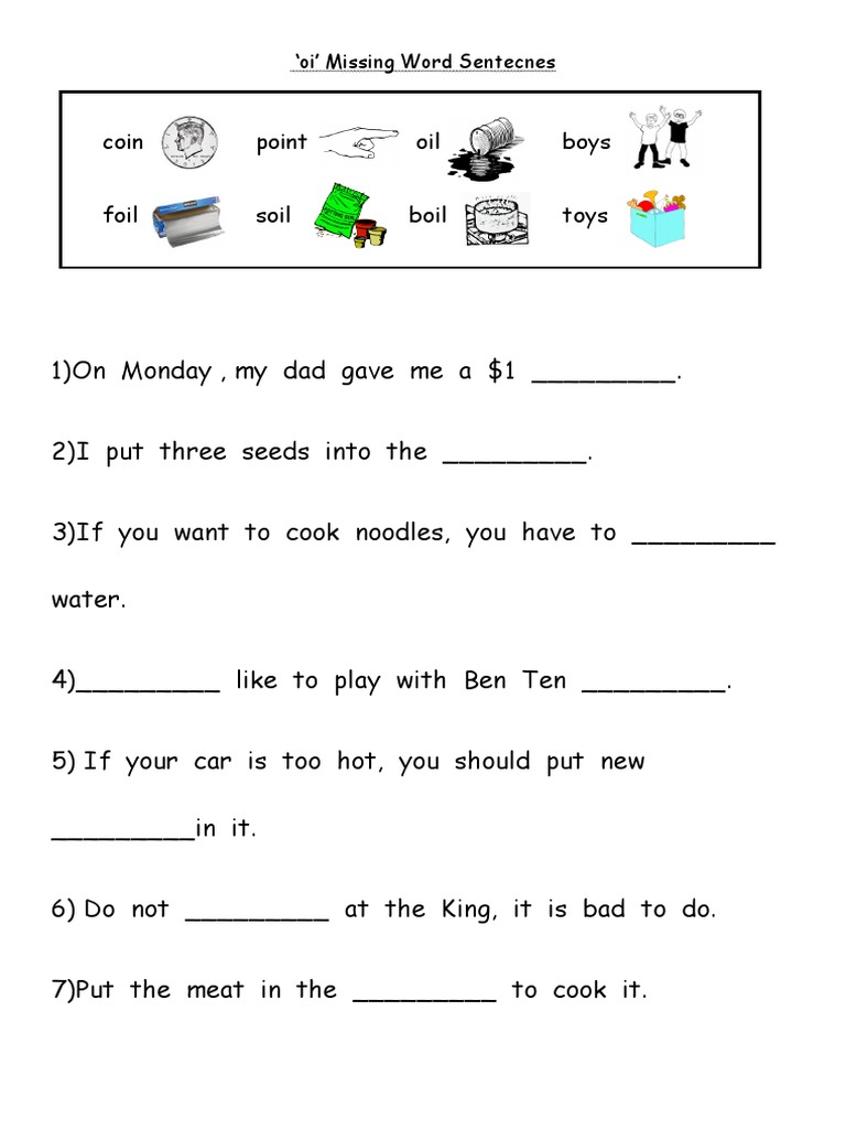 Coin Point Oil Boys Foil Soil Boil Toys: Oi' Missing Word Sentecnes | PDF