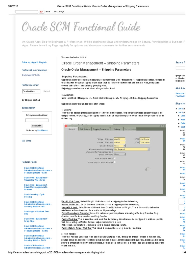 Oracle SCM Functional Guide - Oracle Order Management - Shipping Parameters | PDF | Blog | Business