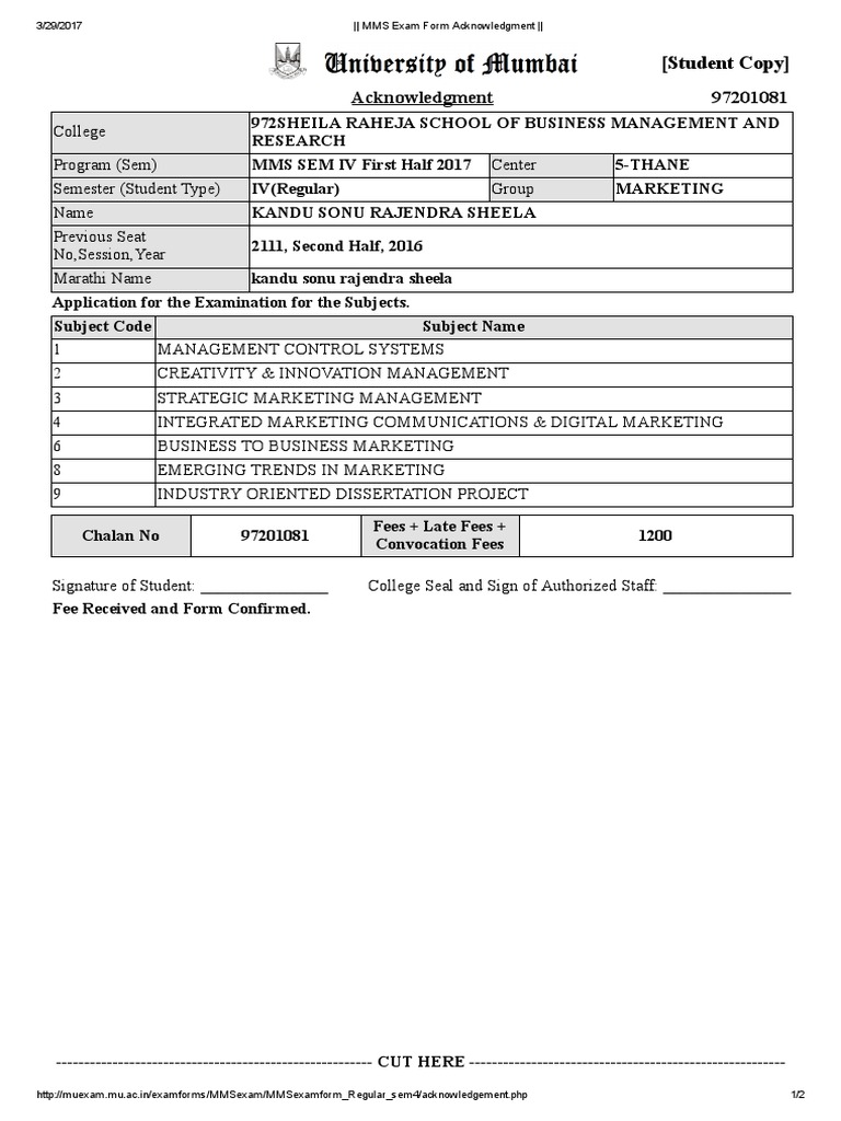 MMS Sem IV Exam Form Acknowledgment | PDF | Marketing | Business (General)