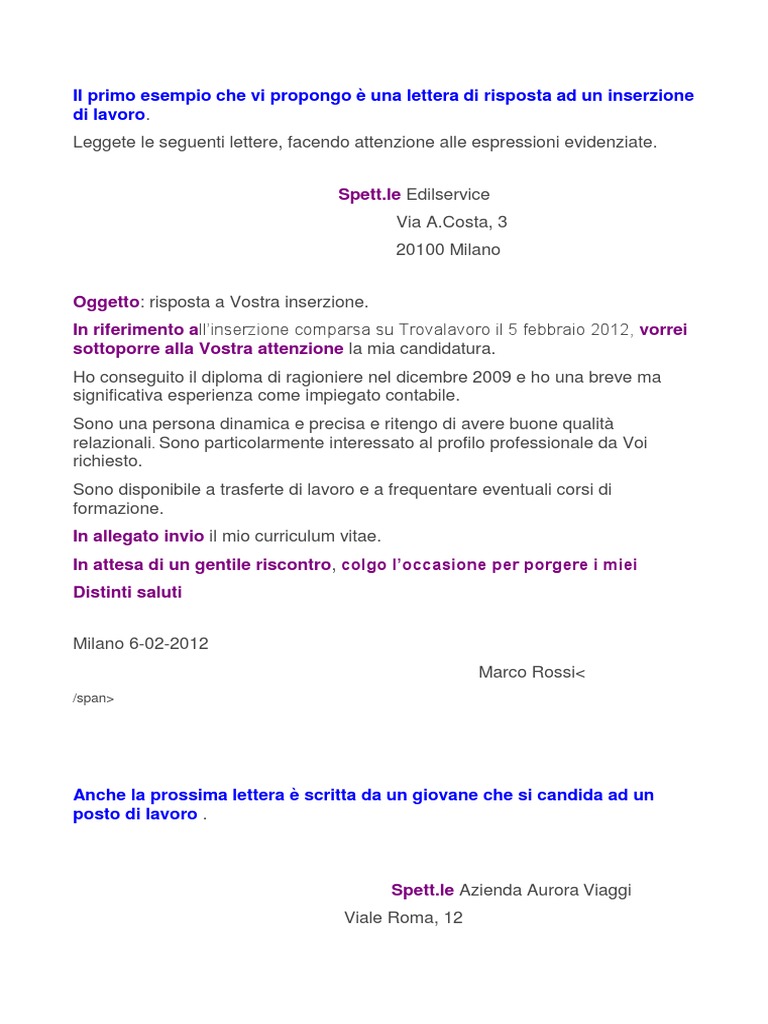 Lettere Formali Esempi