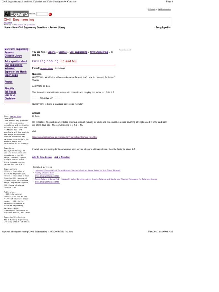 Civil Engineering - FC and Fcu, Cylinder and Cube Strengths For ...