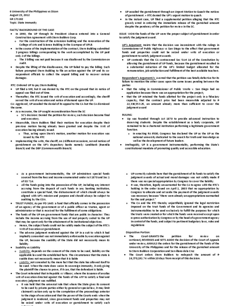 6 University of The Philippines Vs Dizon | PDF | Lawsuit | Garnishment