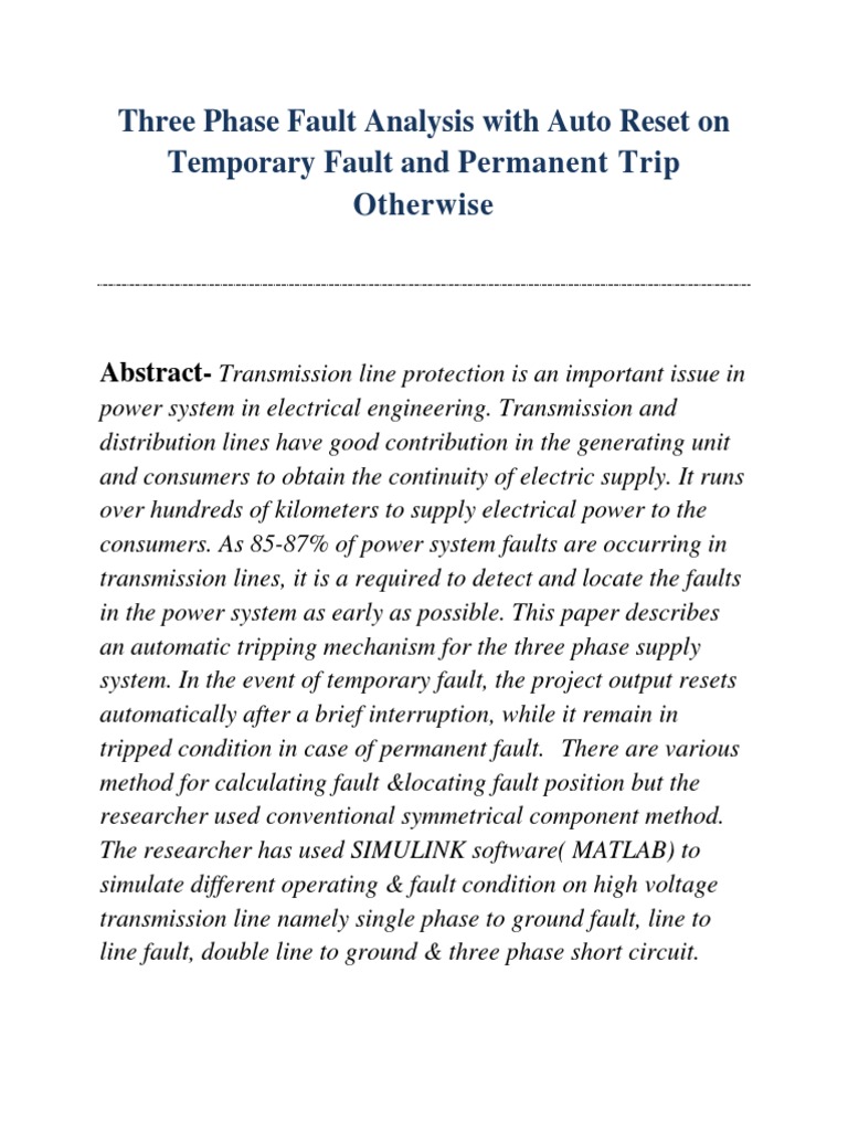 Three Phase Fault Analysis With Auto Reset On Temporary Fault and Permanent Trip Otherwise | PDF