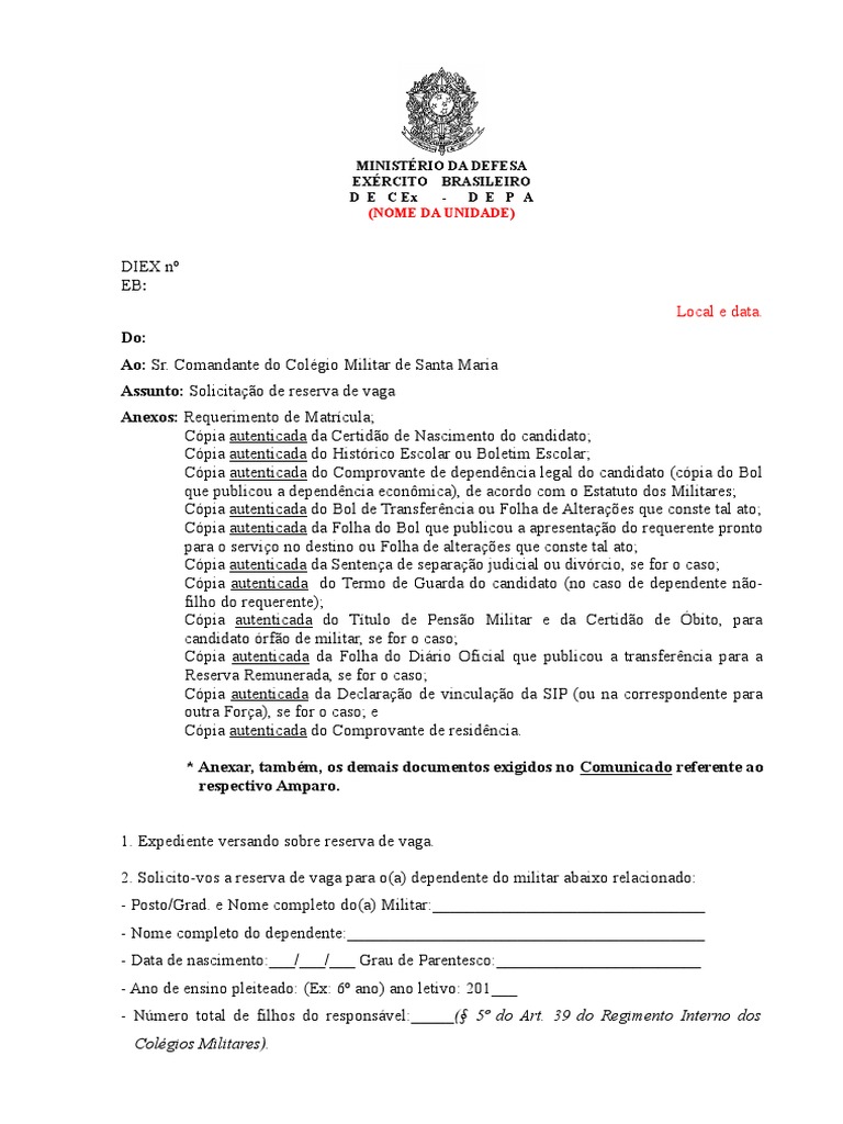 Modelo DIEx Solic de Vaga No CMSM-2017 | Militar | Política