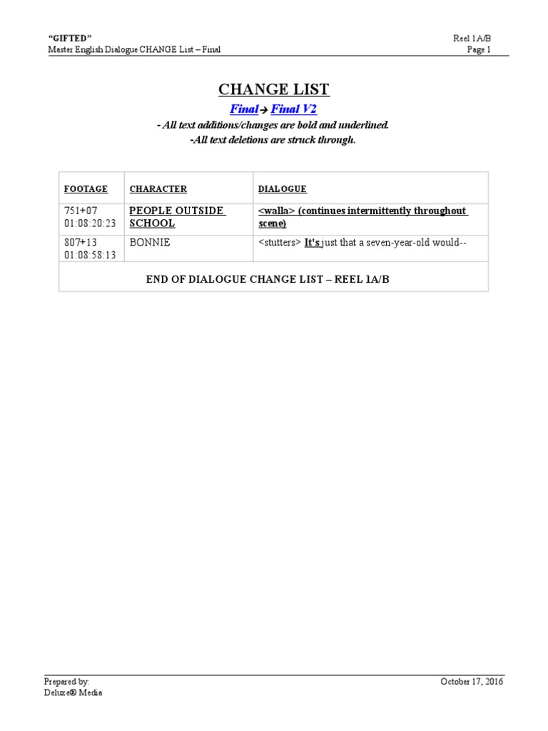 Change List: Final Final V2 | PDF