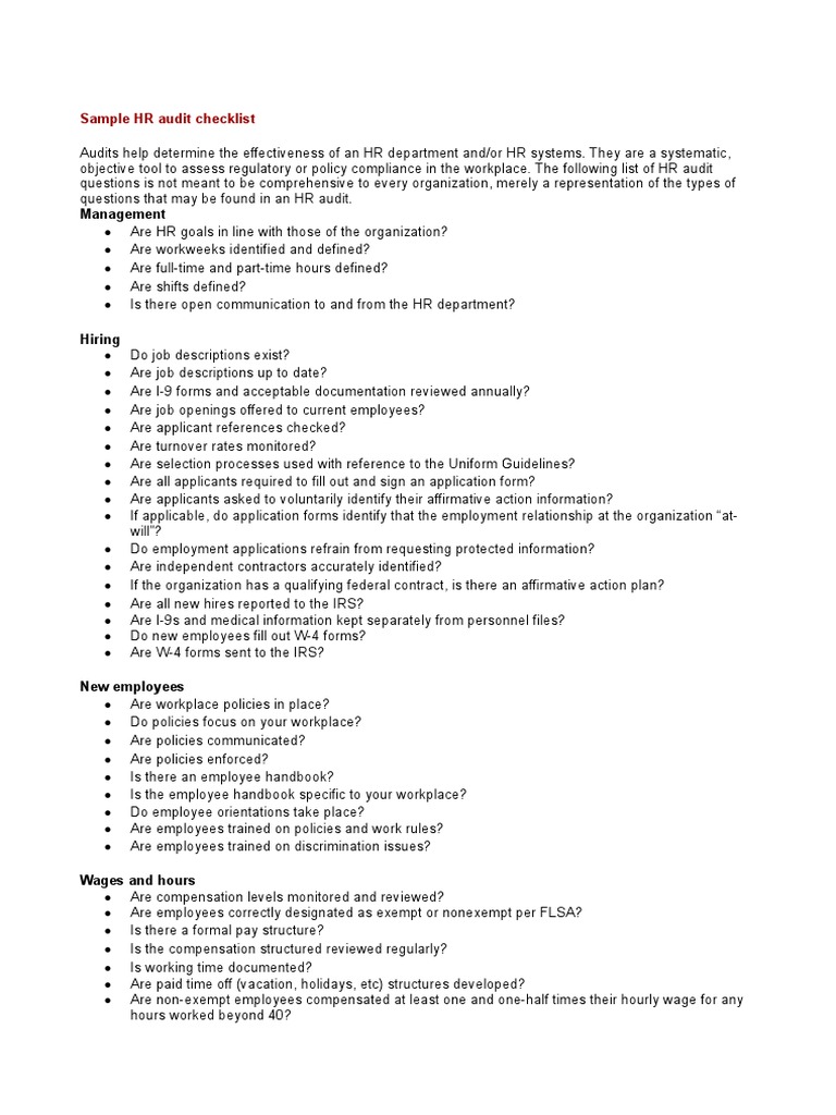 Sample HR Audit Checklist and Surveys | Download Free PDF | Attorney ...