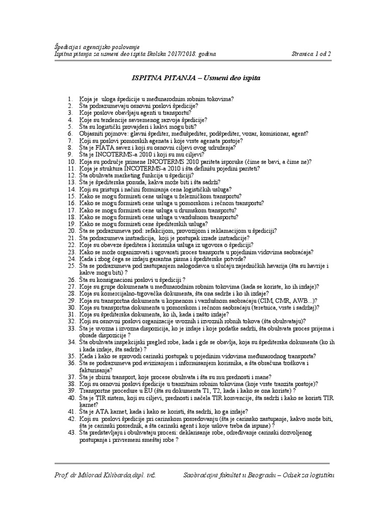 Ispitna Pitanja Za Usmeni Deo Ispita 2018 | PDF
