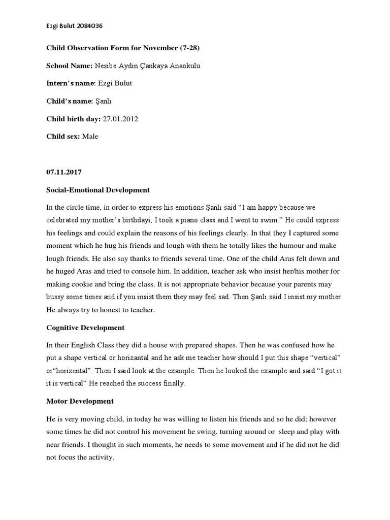 Child Observation Form For November | PDF | Language Development ...