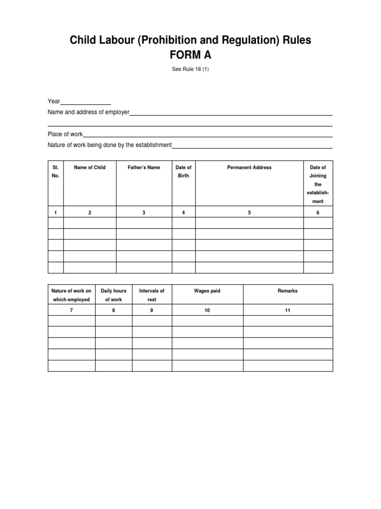 Child Labour (Prohibition and Regulation) Rules Form A: Year Name and ...