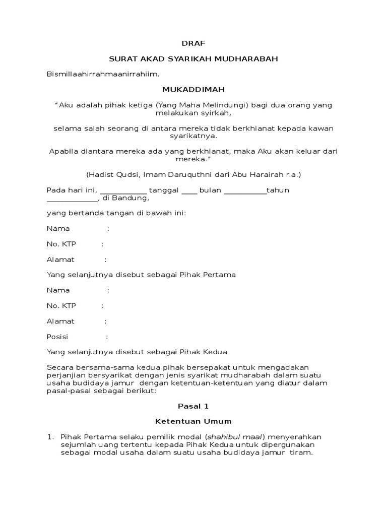 Surat Akad Syarikah Mudharabah | PDF