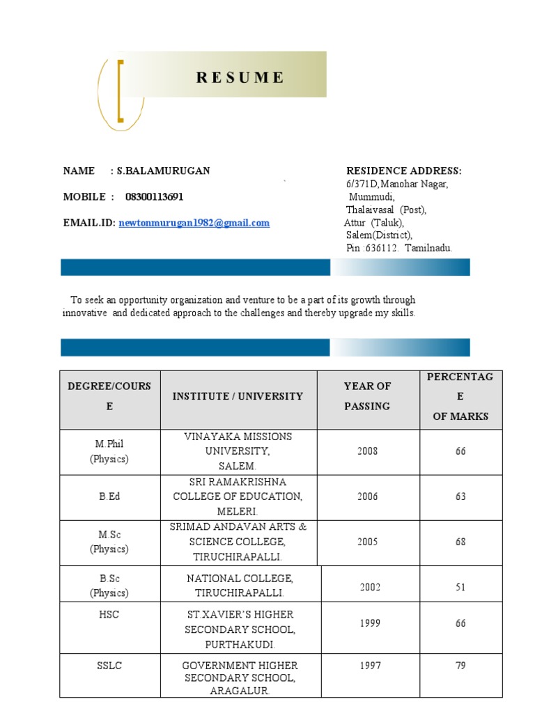 M.phil Resume | PDF | College | Tamil Nadu