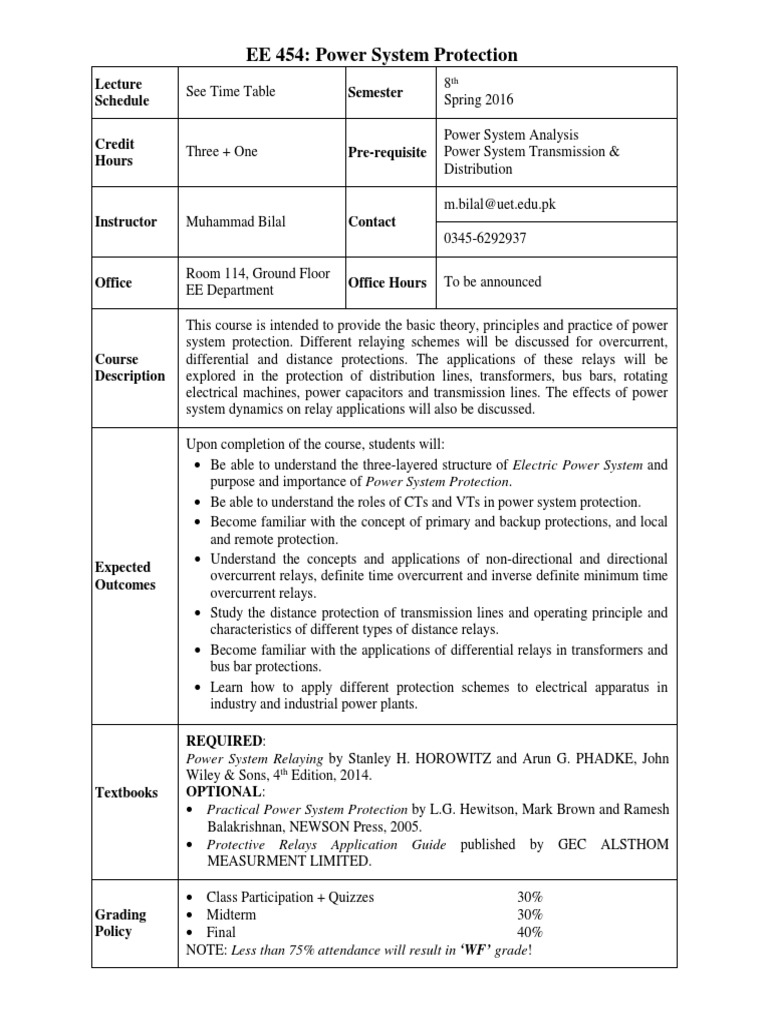 EE454 PowerSystemProtection Course Outline 2016 | PDF | Relay ...