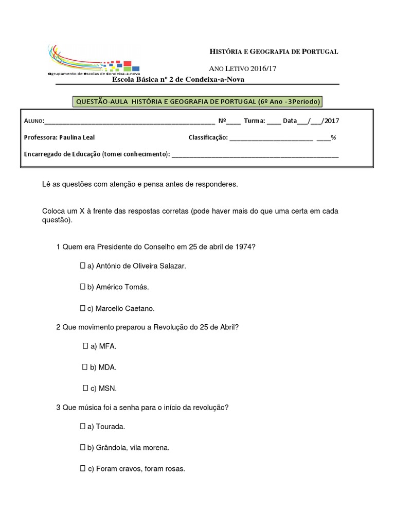 Eduarda HGP Questão Aula 6ºB, C | PDF | Portugal | República