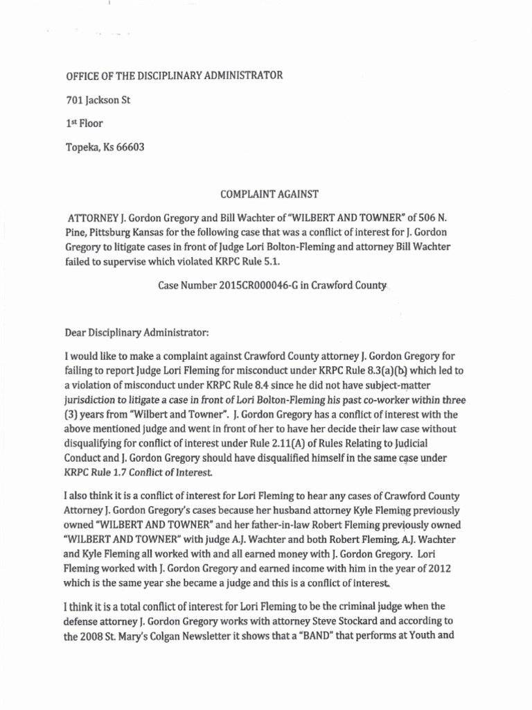 Complaint Against Kansas Attorney Gordon Gregory and Kansas Attorney ...