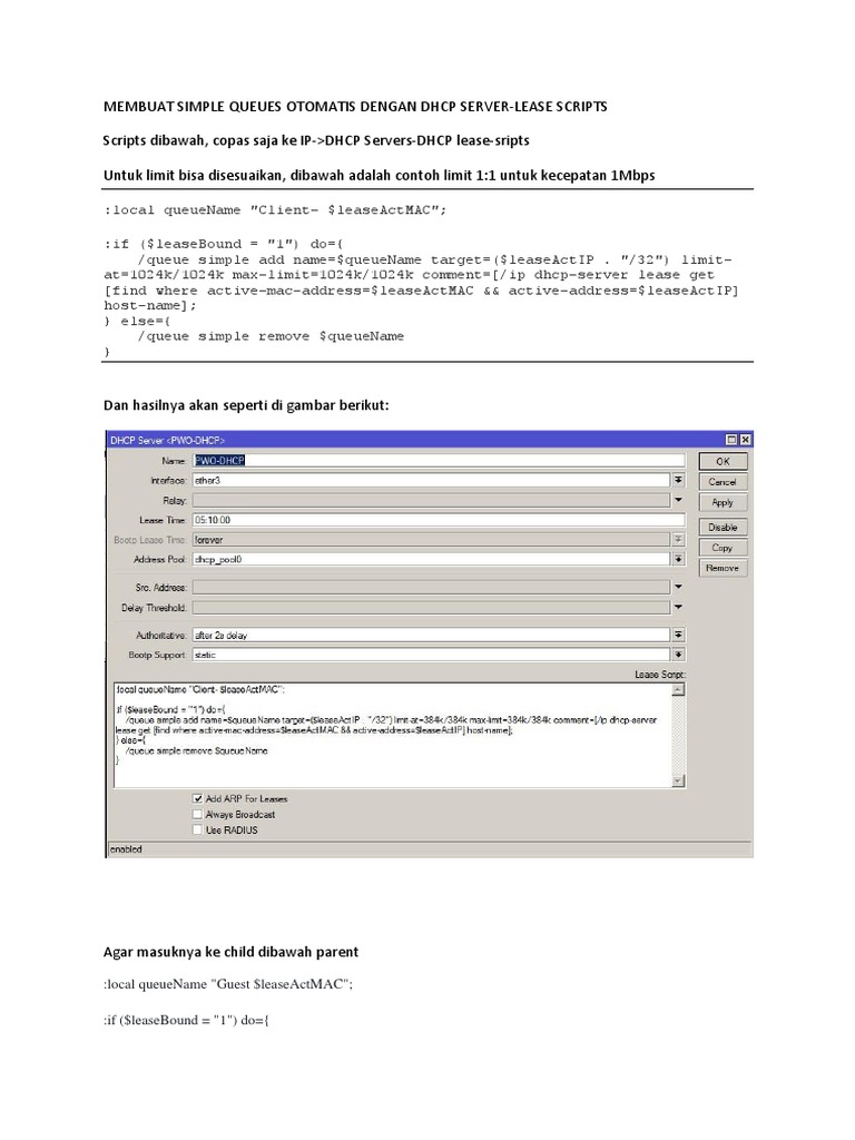 Mikrotik Membuat Automatic Simple Queues Dengan DHCP | PDF
