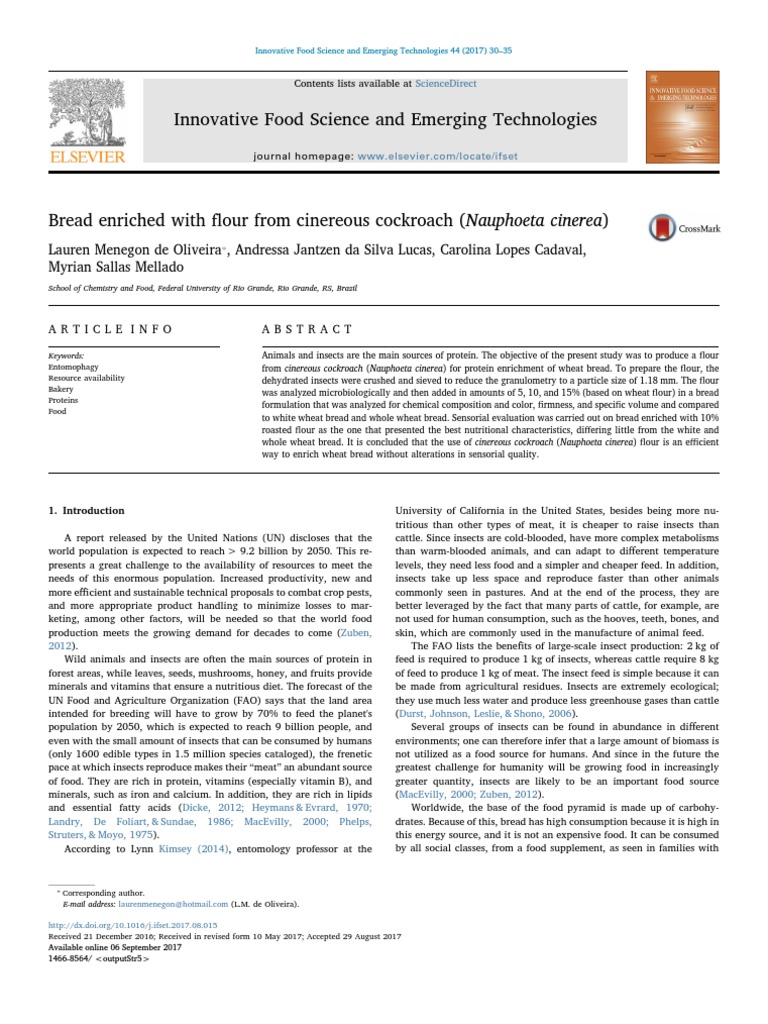 Bread Enriched With Flour From Cinereous Cockroach (Nauphoeta Cinerea ...