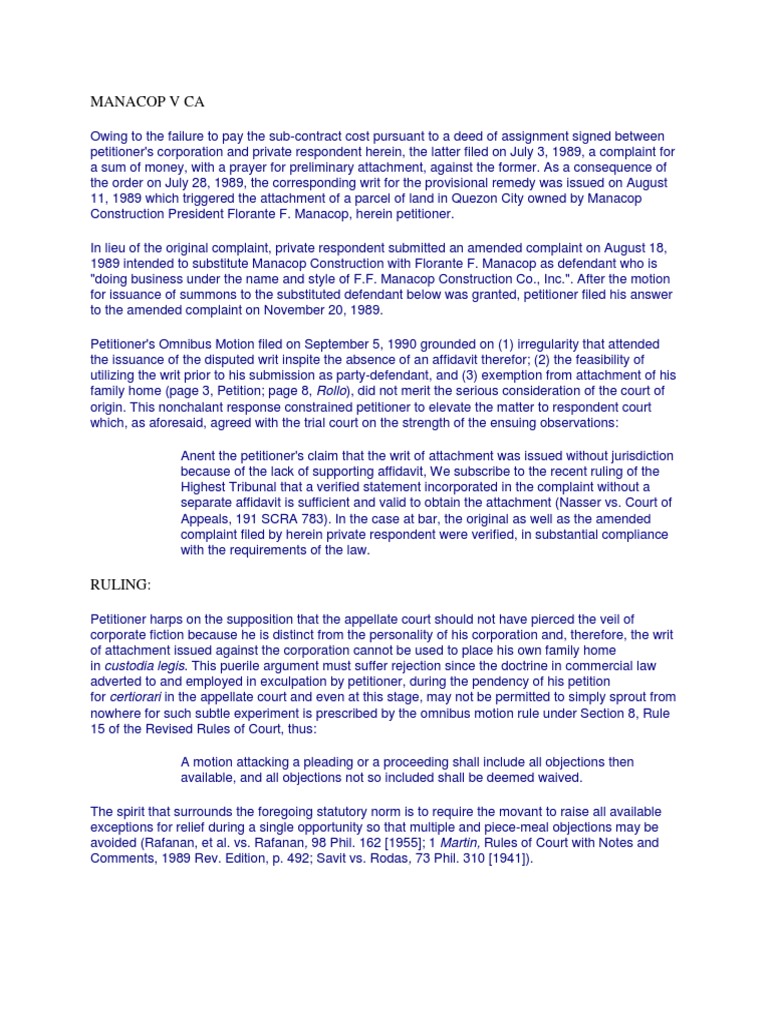 Manacop V CA Digest | PDF | Complaint | Writ