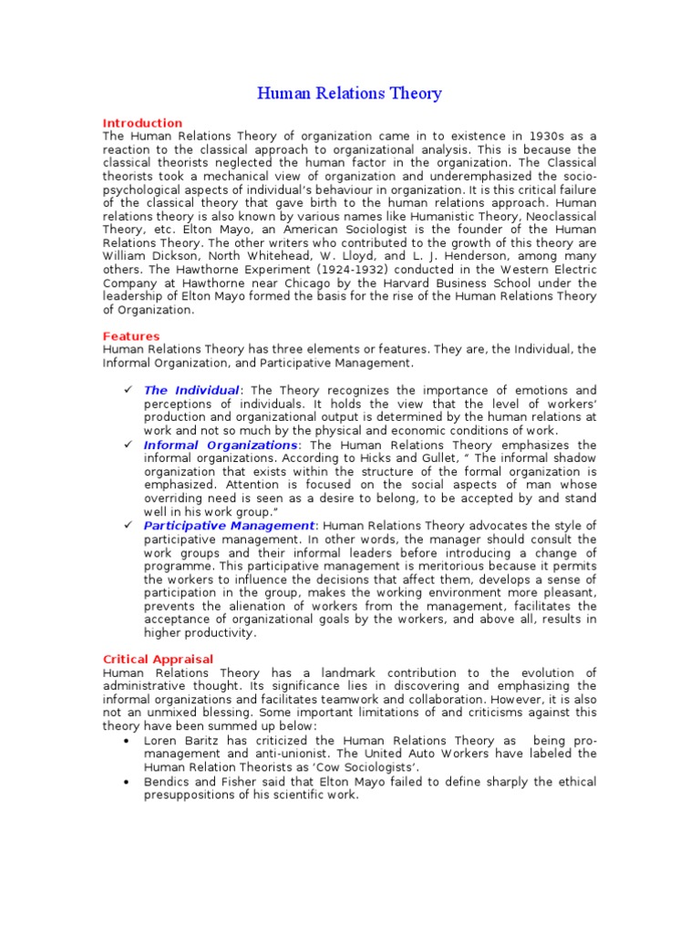 Human Relations Theory | PDF | Cognition | Behavioural Sciences