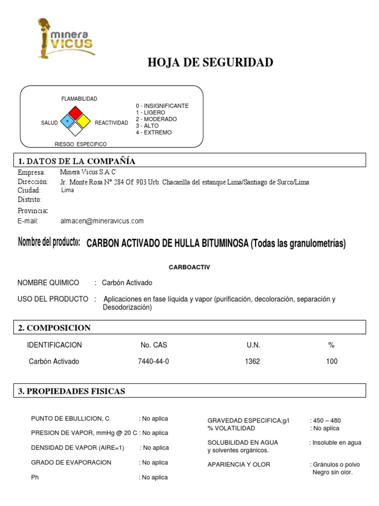 Msds - Carbon Activado | PDF | Polvo | Agua
