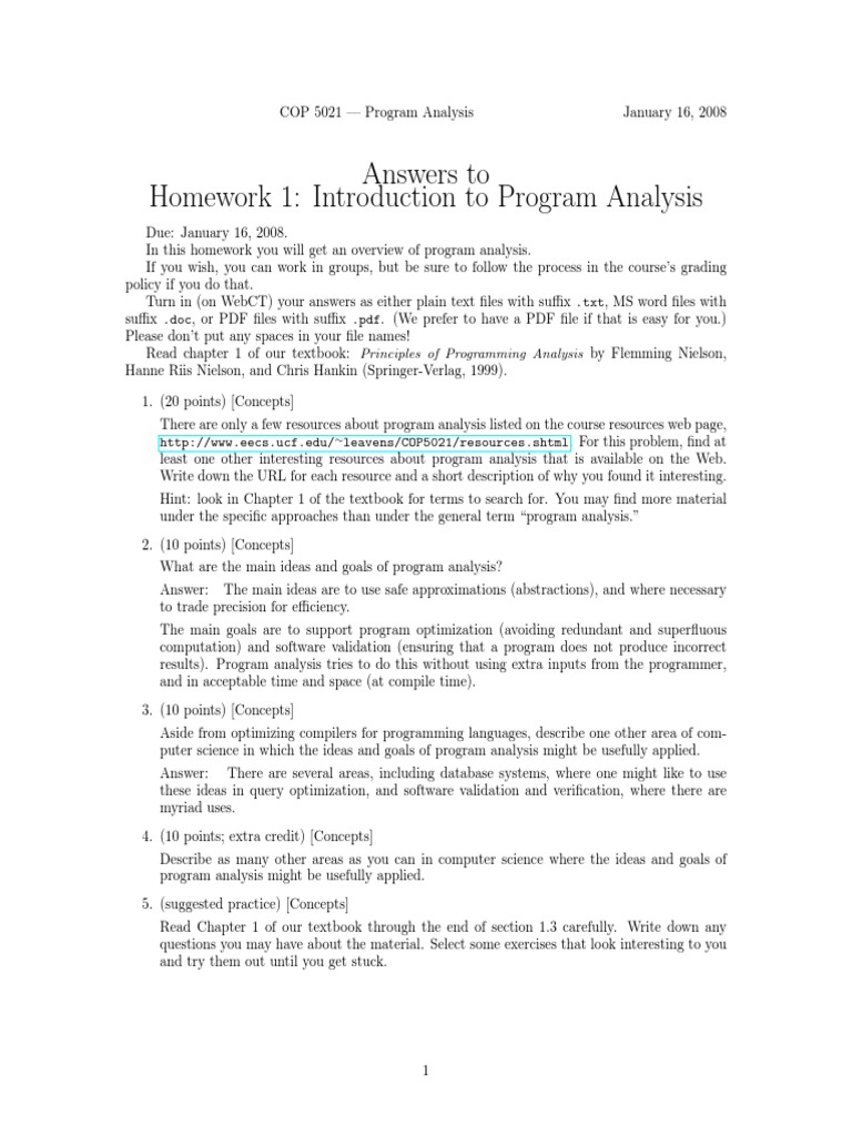 Answers To Homework 1: Introduction To Program Analysis | PDF | Program Optimization | Computer ...