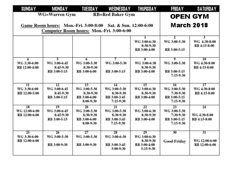 March 2018 Open Gym Schedule | PDF | Sports | Leisure