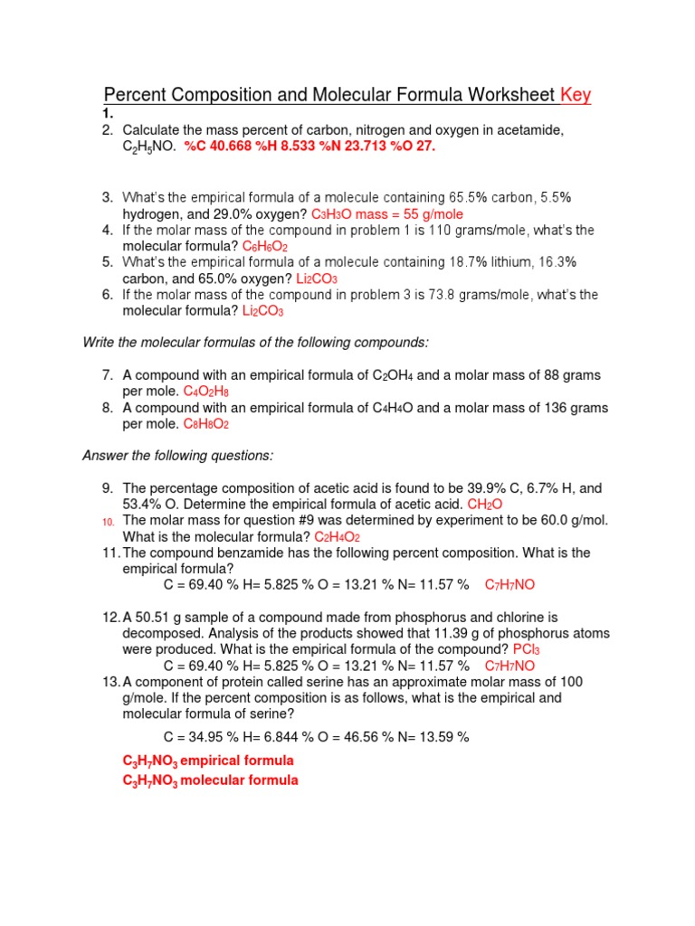 Percent Composition and Molecular Formula Worksheet Key | PDF ...