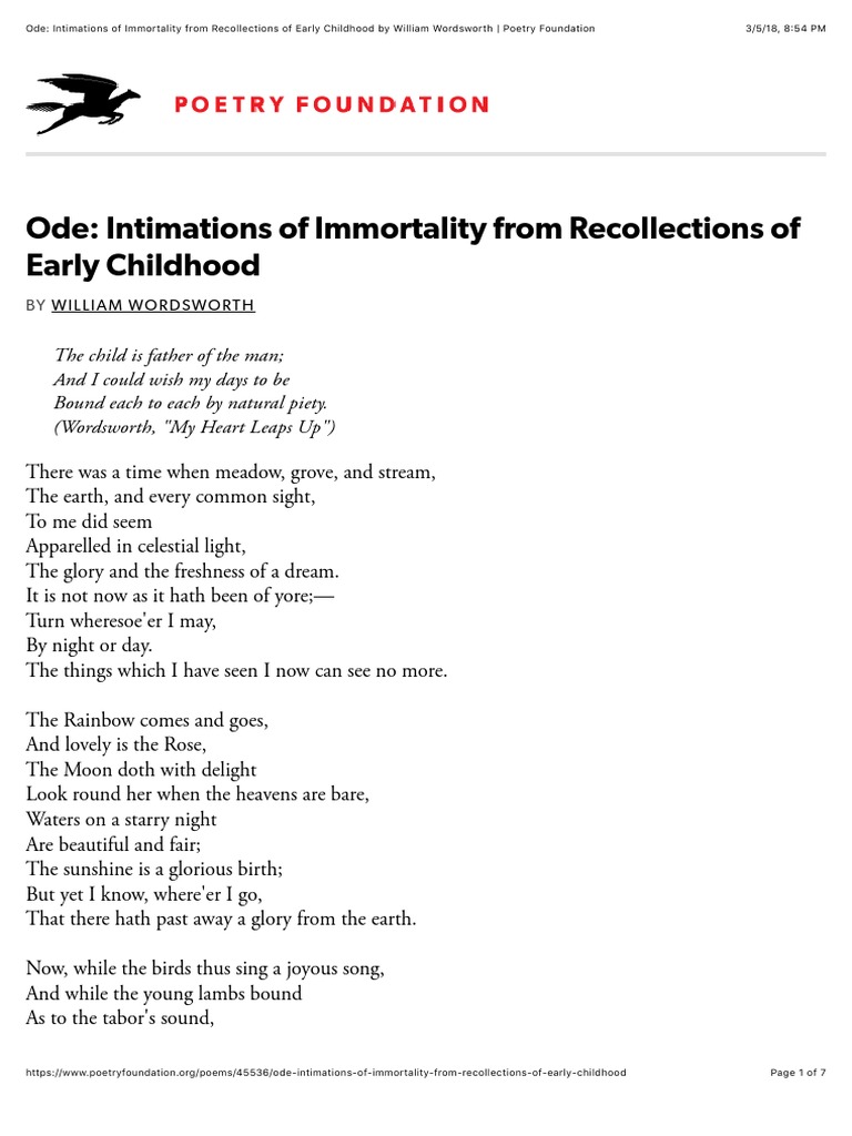 Ode: Intimations of Immortality From Recollections of Early Childhood ...