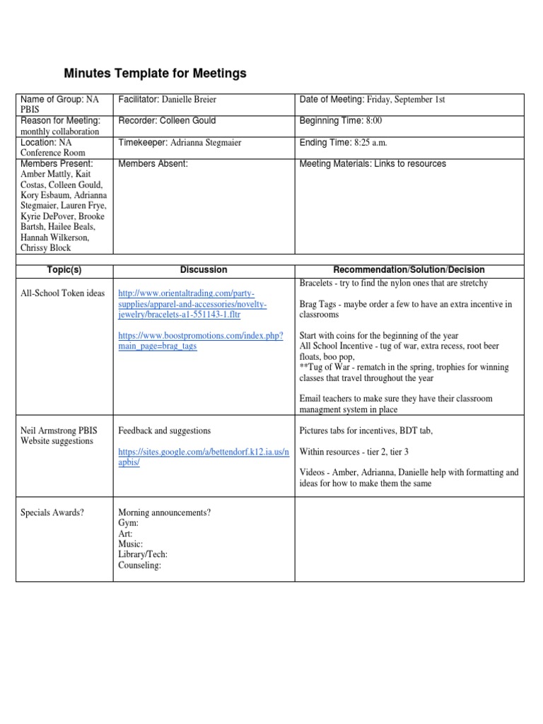 Minutes Template For Meetings: Topic(s) Discussion Recommendation ...